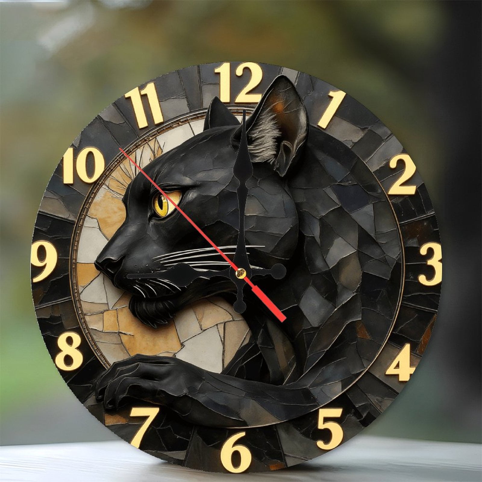 Black Panther Wall Clock Sculpture Art Design 10-Inch Silent Wooden ...