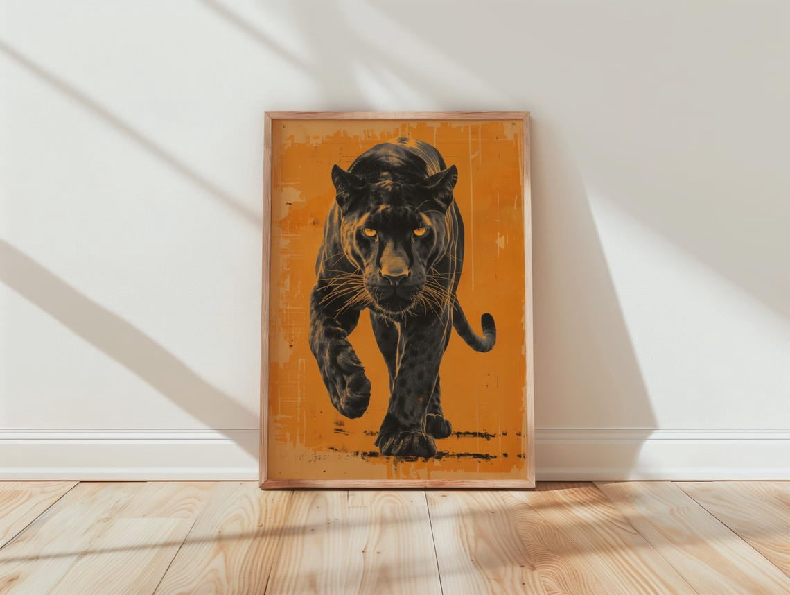 Black Panther Wildlife Modern Orange and Black Living Room Poster ...