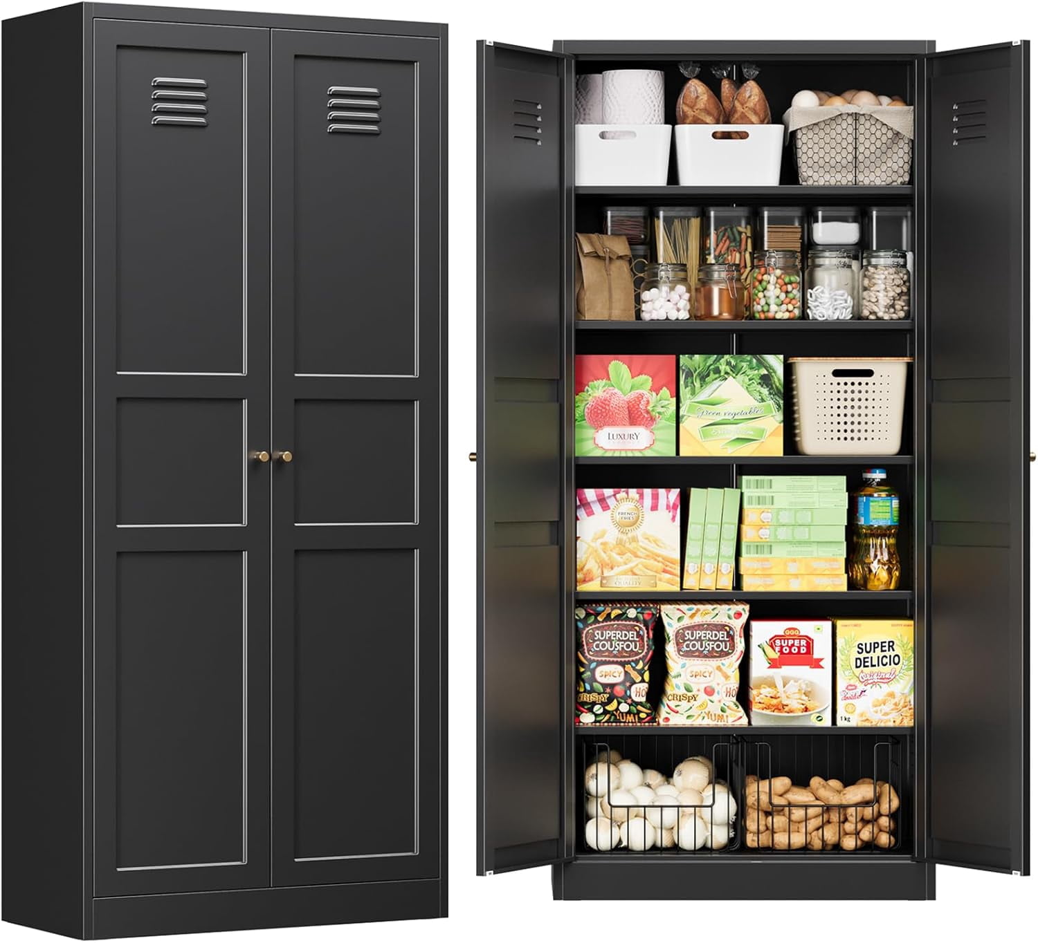 Black Pantry Storage Cabinet 71-Inch High Cupborad Storage Cabinets ...
