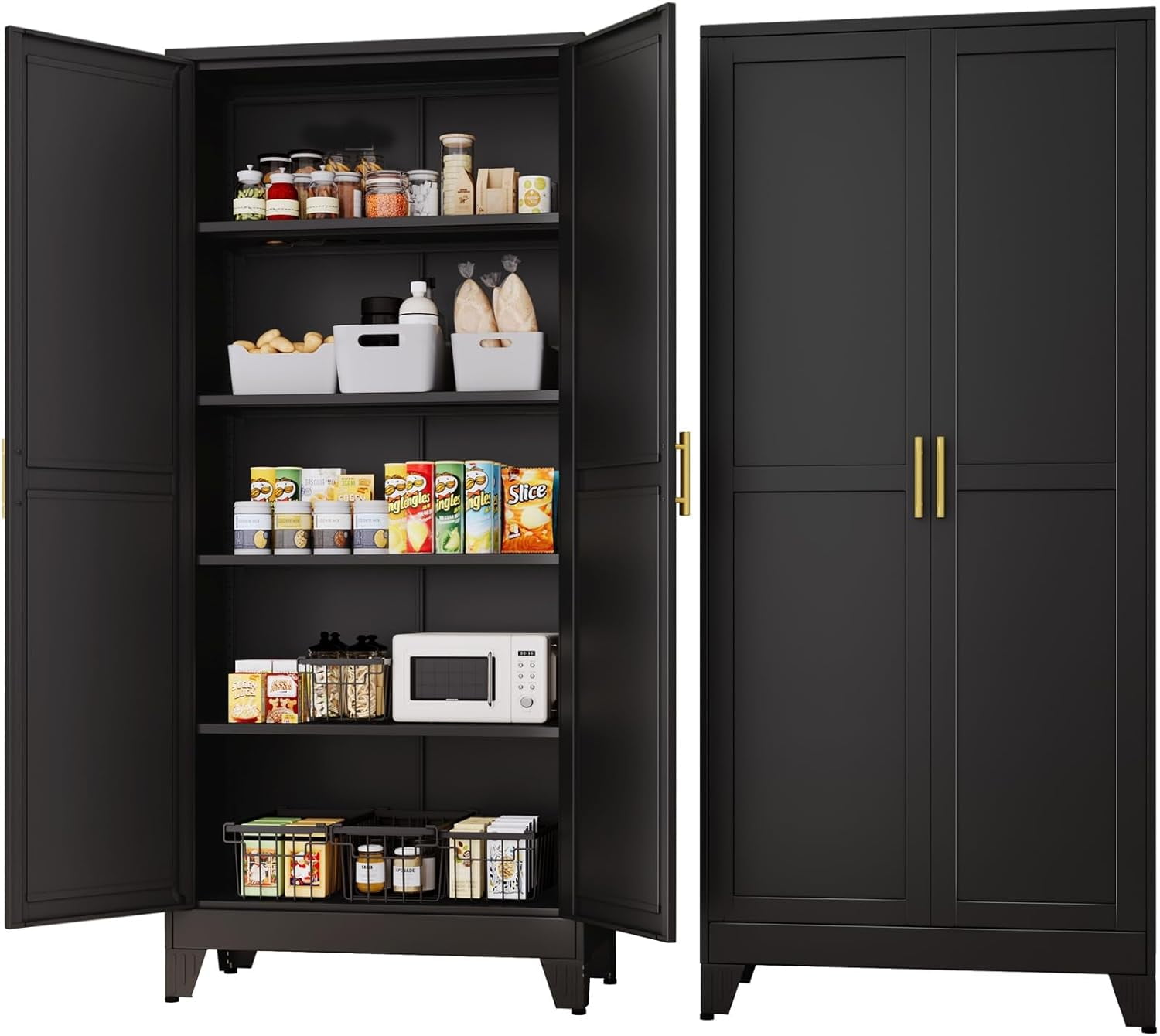 Black Pantry Storage Cabinet,71" Kitchen Pantry with Doors and 4 Adjustable Shelves, Metal ...