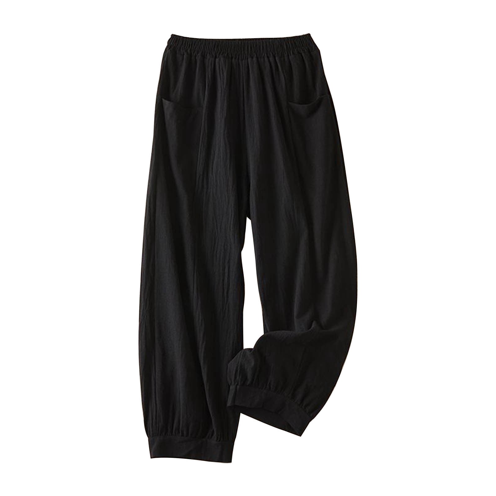 Black Pants for Women Retro Solid Color Cotton Linen Wide Leg Loose ...