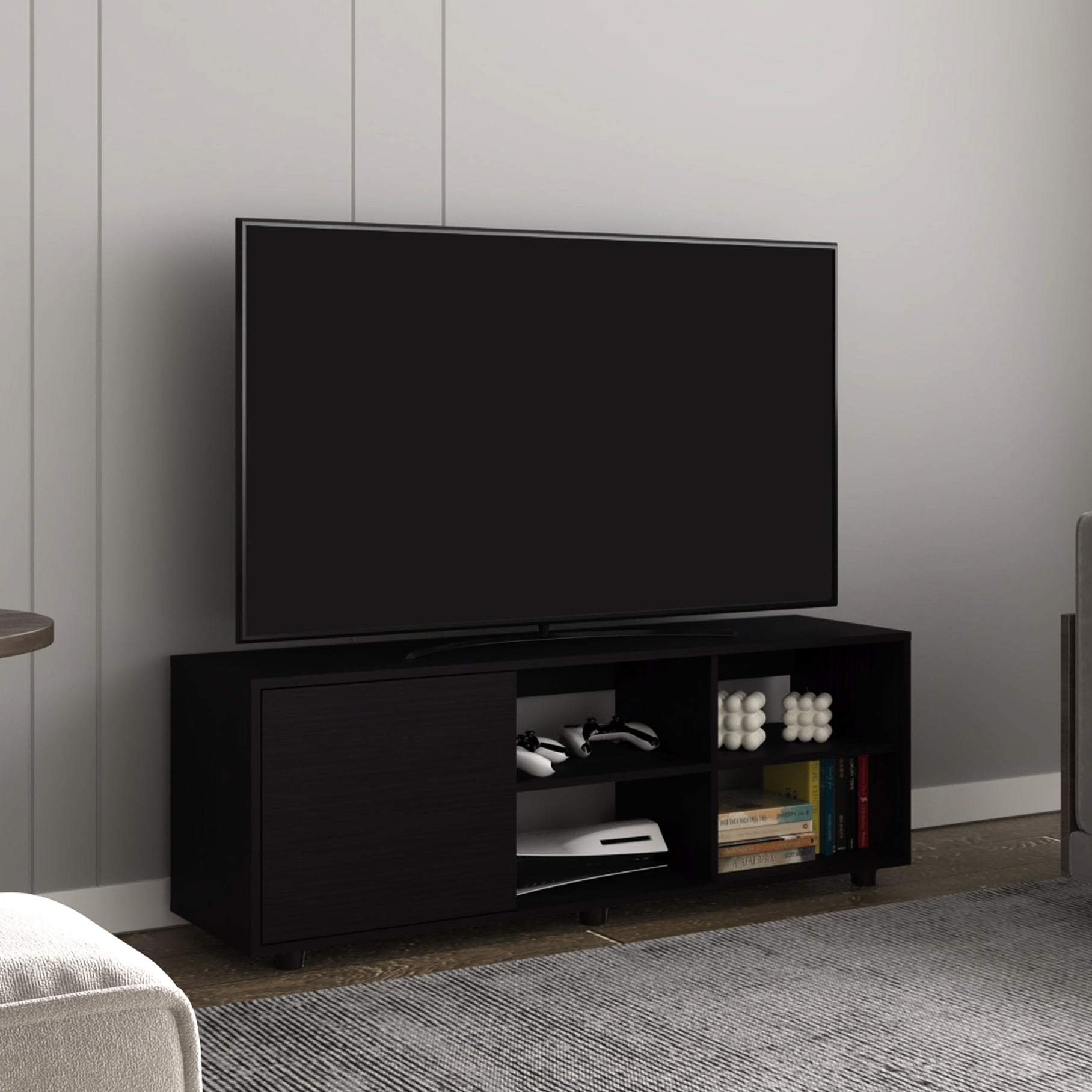 Black Particle Board Entertainment Stand With Ample Storage Space ...