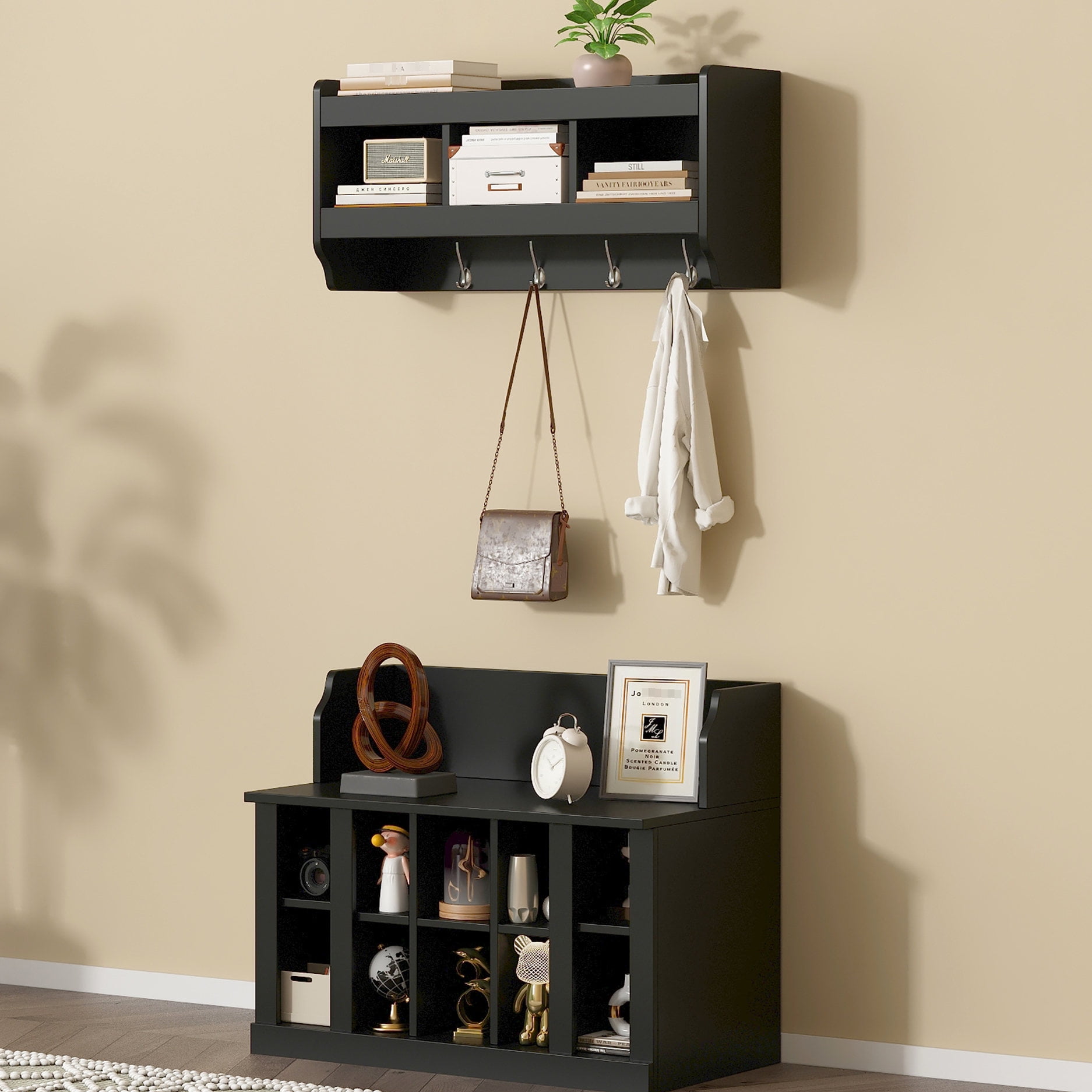 Black Particle Board Entryway Organizer, 4 Hooks - Supports Heavy ...