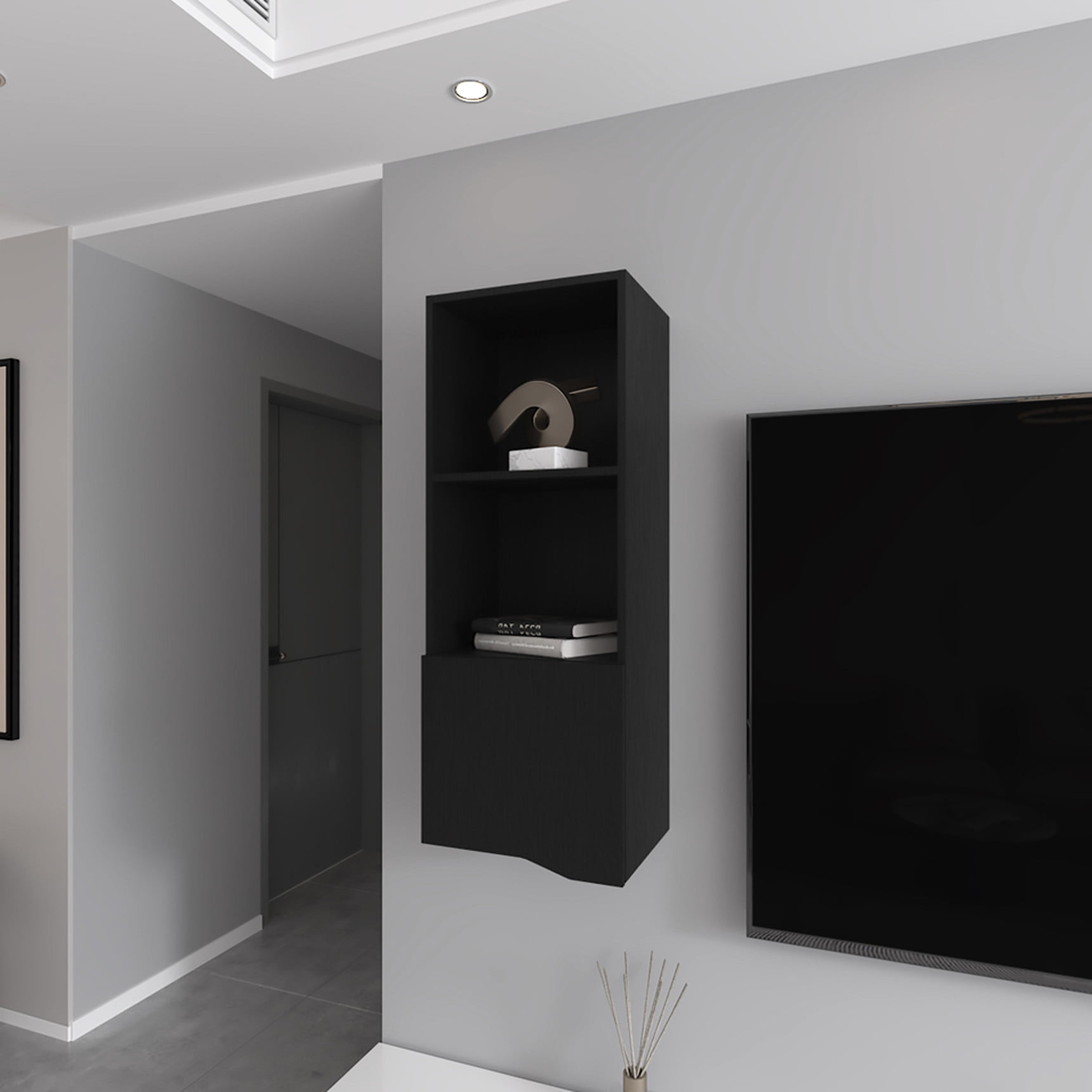 Black Particle Filler Wall Cabinet - Open Shelves for Display - Living ...