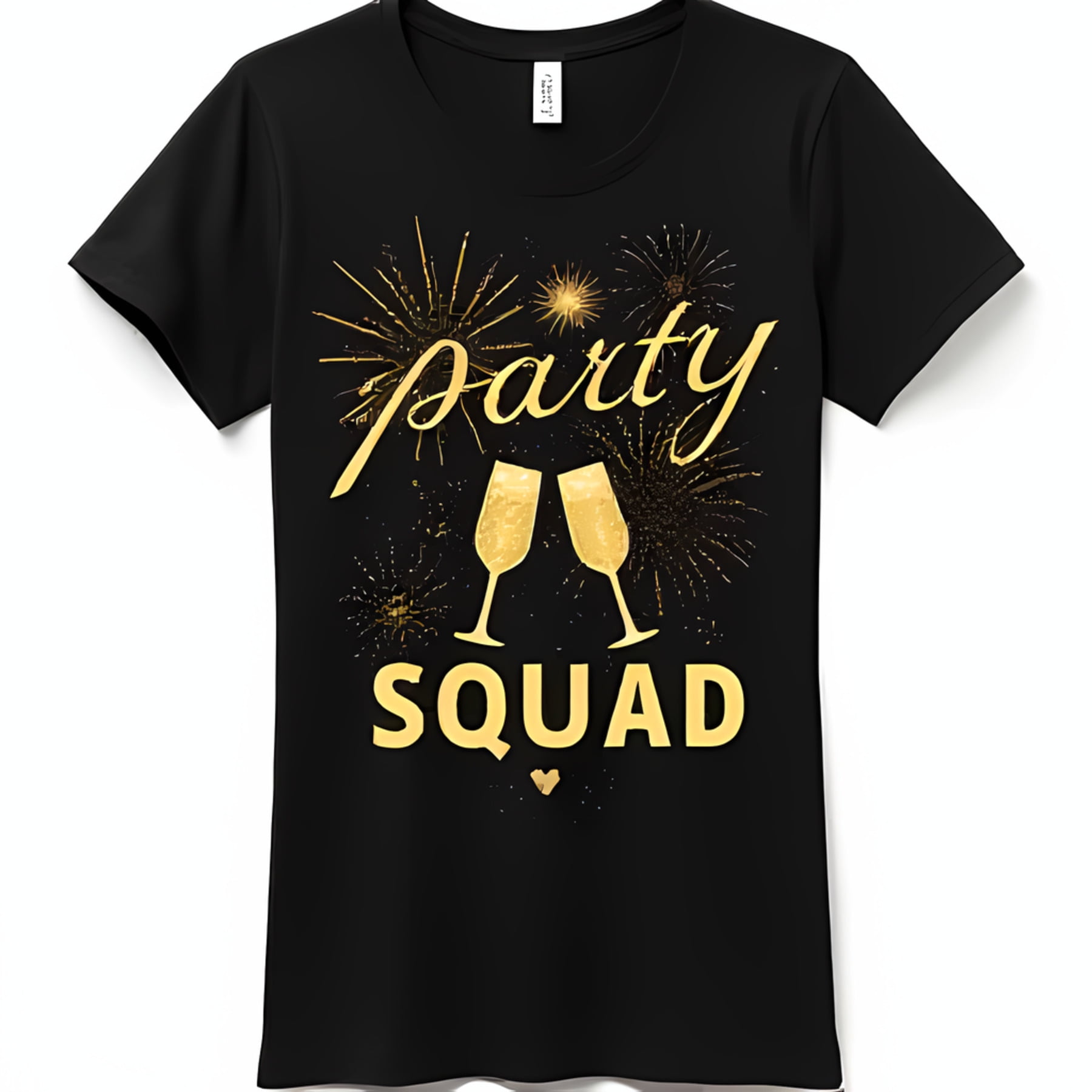 Black Party Squad T-Shirt with Gold Champagne Flutes & Heart Design ...