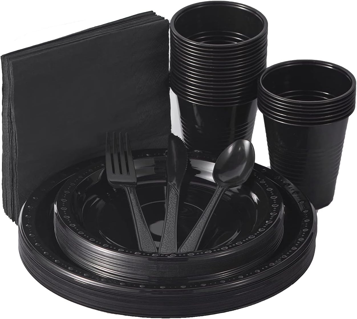 Black Party Supplies Disposable Dinnerware Set Plastic Plates and Paper ...