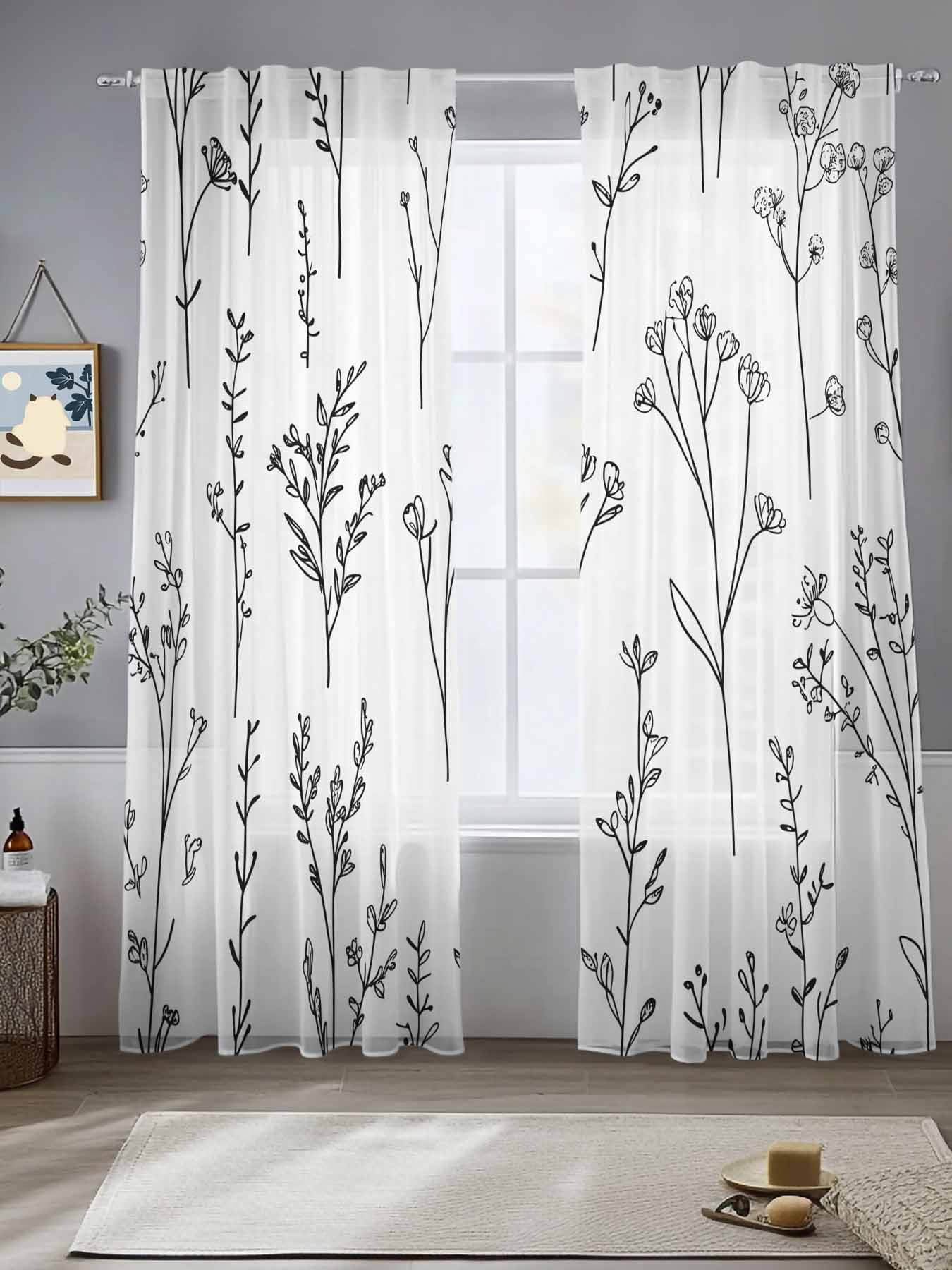Black Pastoral Floral Sheer Curtains for Living Room Bedroom Tropical ...