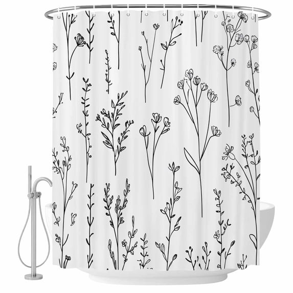 Black Pastoral Floral Shower Curtain Set - Standard 72" x 72" Washable ...