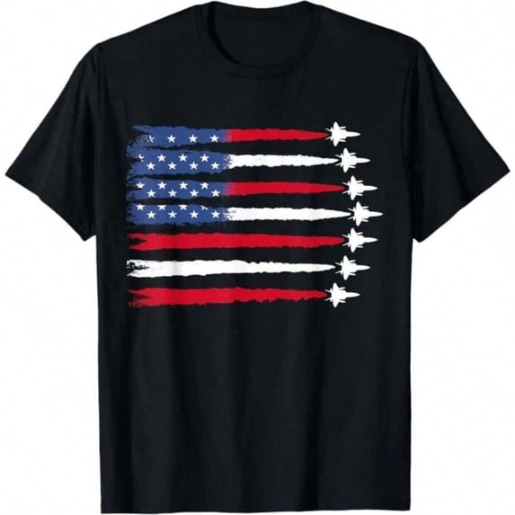 Black Patriotic USA Flag Fighter Jets Graphic T-Shirt For 4th Of July ...