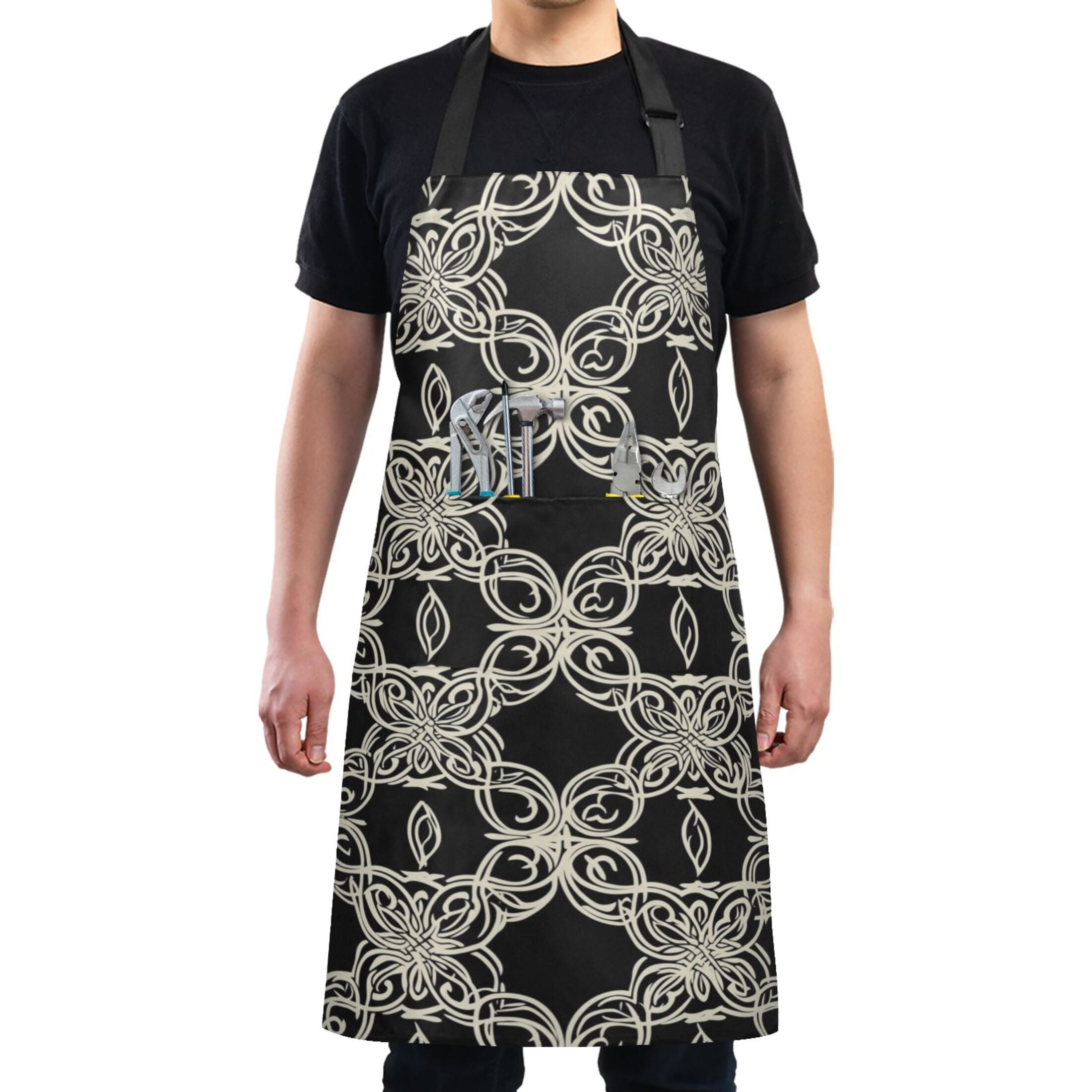 Black Patterned Exquisite Design Chef Kitchen Apron with Pockets for ...
