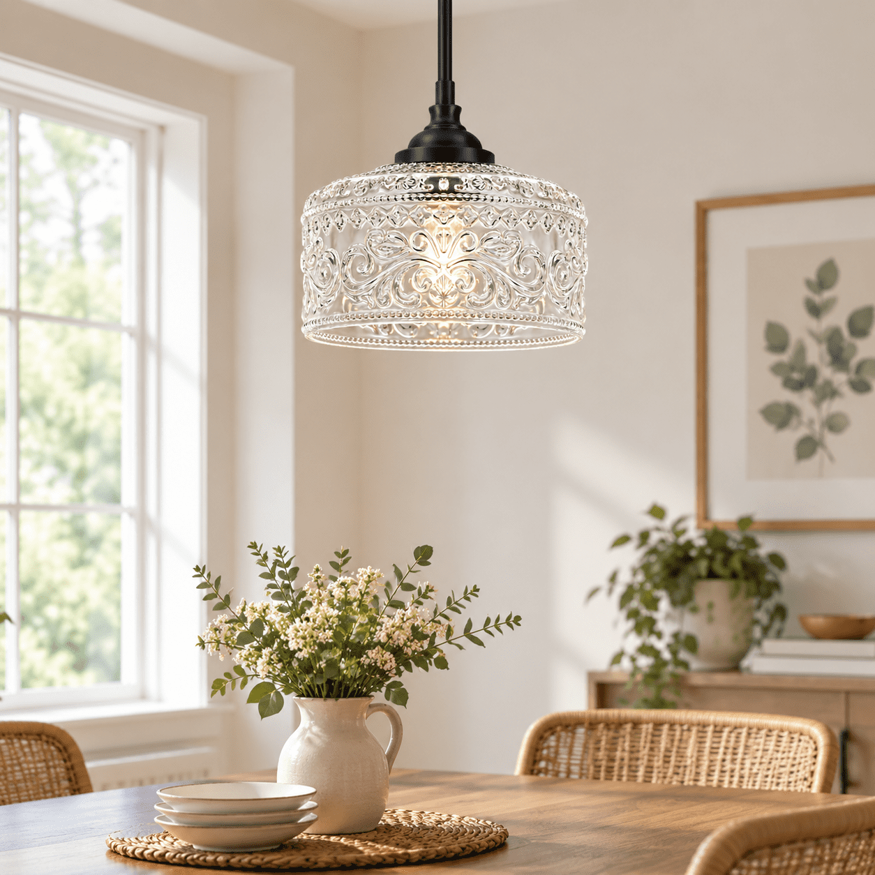 Black+Patterned Glass 9.45in Pendant Light, Adjustable Height Task ...
