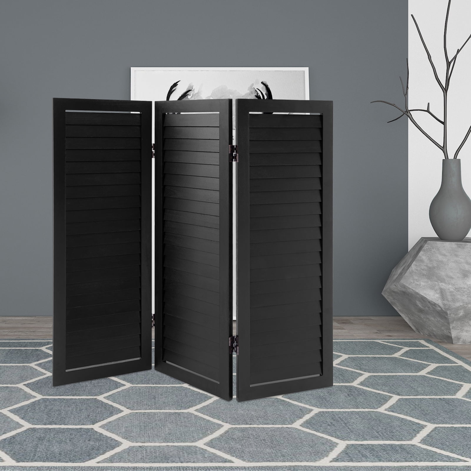 Black Paulownia Wood Iron 90x81cm Three-Sided Folding Partition Screen ...