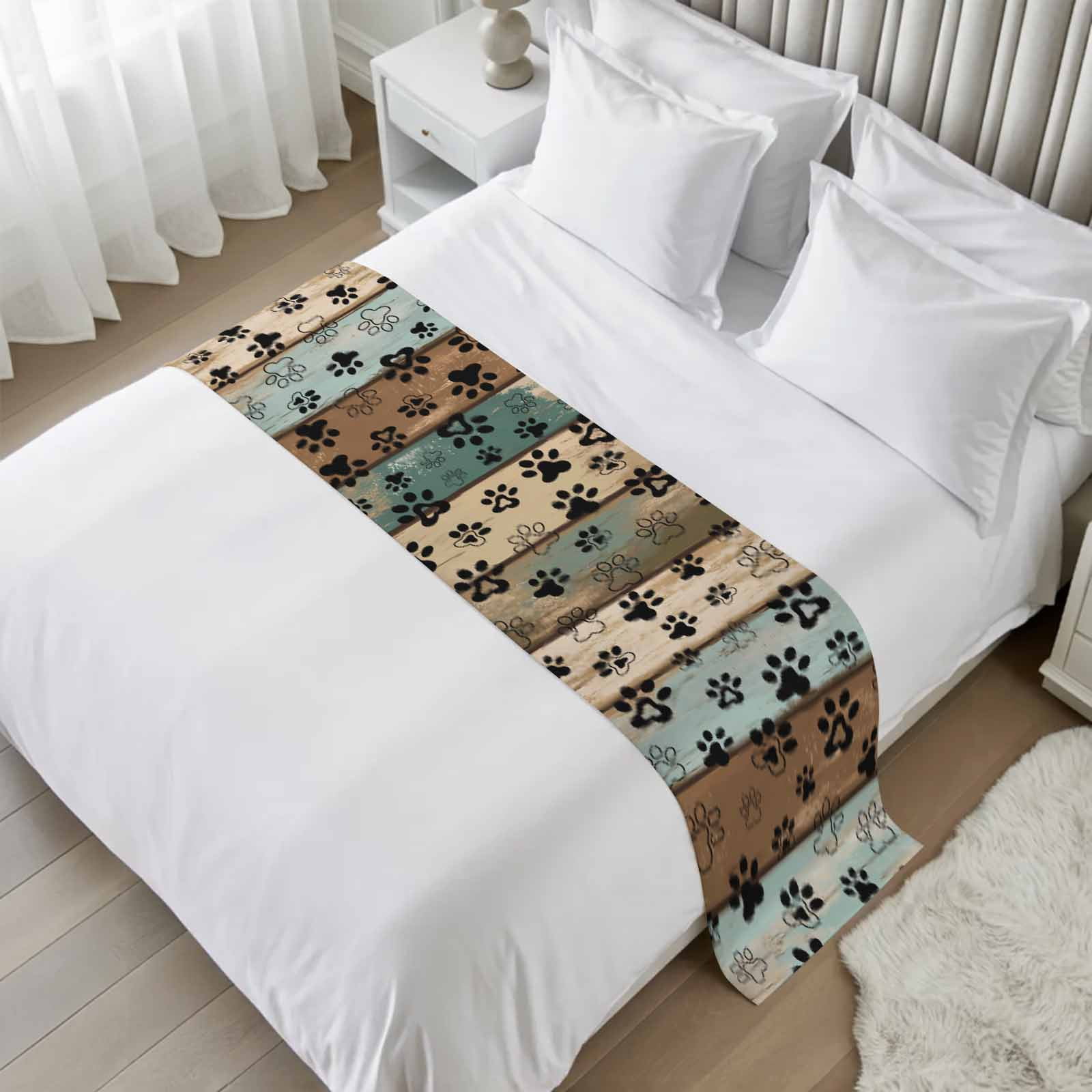 Black Paw Print Bed Runner Scarf Cal King Size, Farmhouse Vintage ...