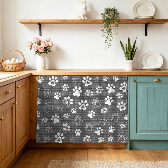 Black Paw Print Cabinet Curtains 11"Wx13"L, Classic Black White Animal ...