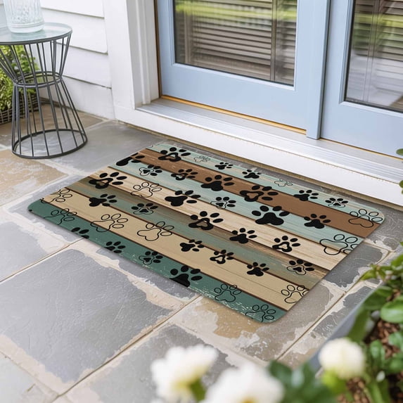 Black Paw Print Door Mat Indoor Outdoor, Farmhouse Vintage Shabby Wood ...