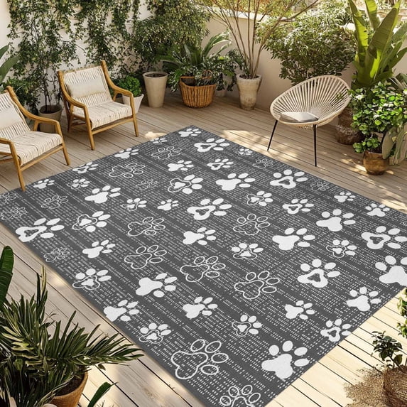 Black Paw Print Outdoor Rug, Modern Classic Black White Animal Large ...