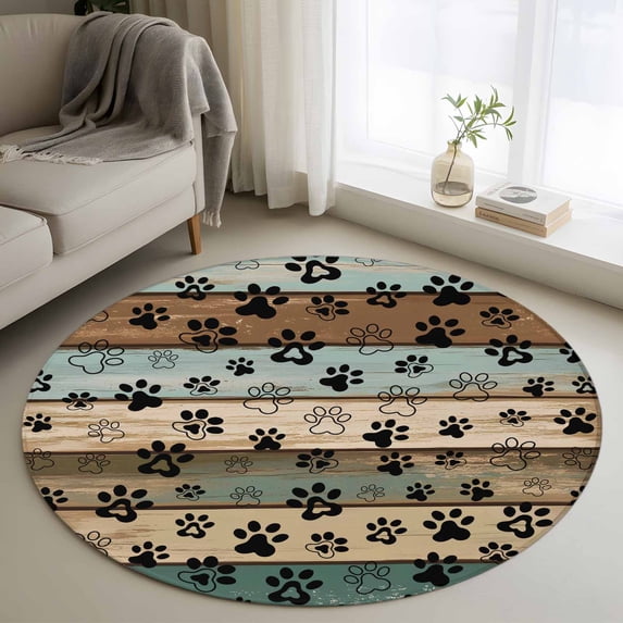 Black Paw Print Round Area Rug 4 FT, Non Slip Indoor Outdoor Rug ...