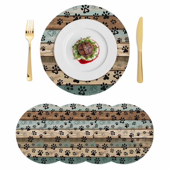 Black Paw Print Round Placemats Set of 4, Braided Polypropylene Place ...
