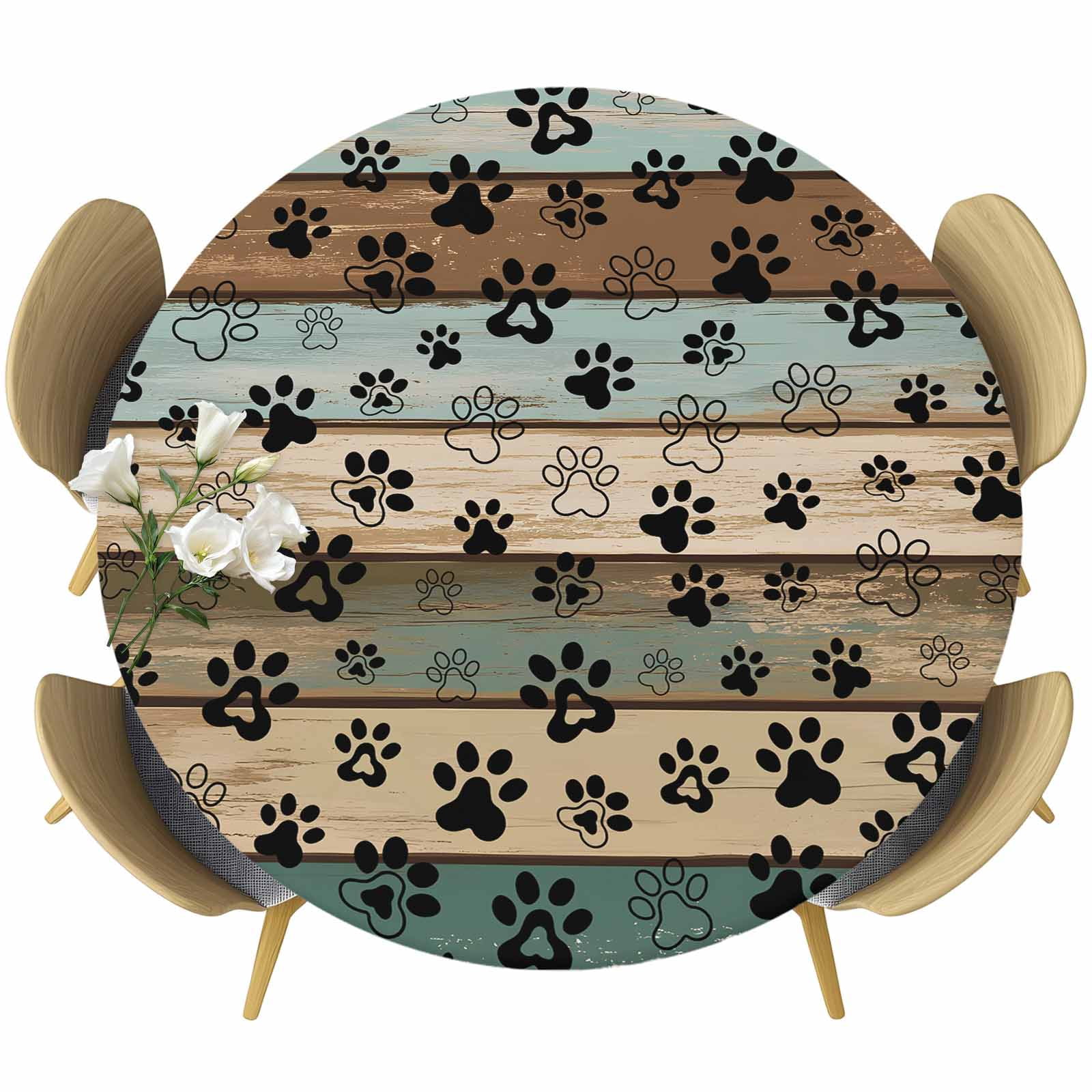 Black Paw Print Table Cloth, Round Fitted Tablecloths with Elastic Edge ...
