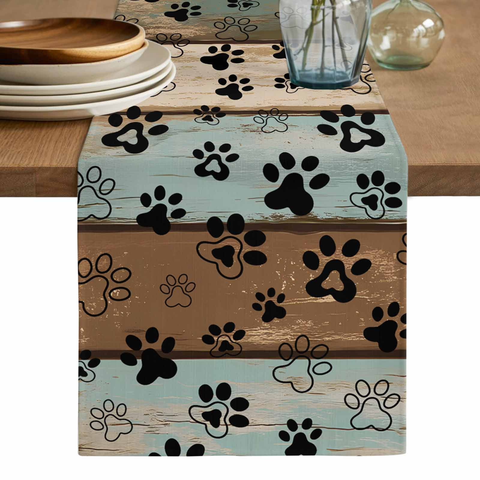 Black Paw Print Table Runner, Farmhouse Vintage Shabby Wood Grain ...