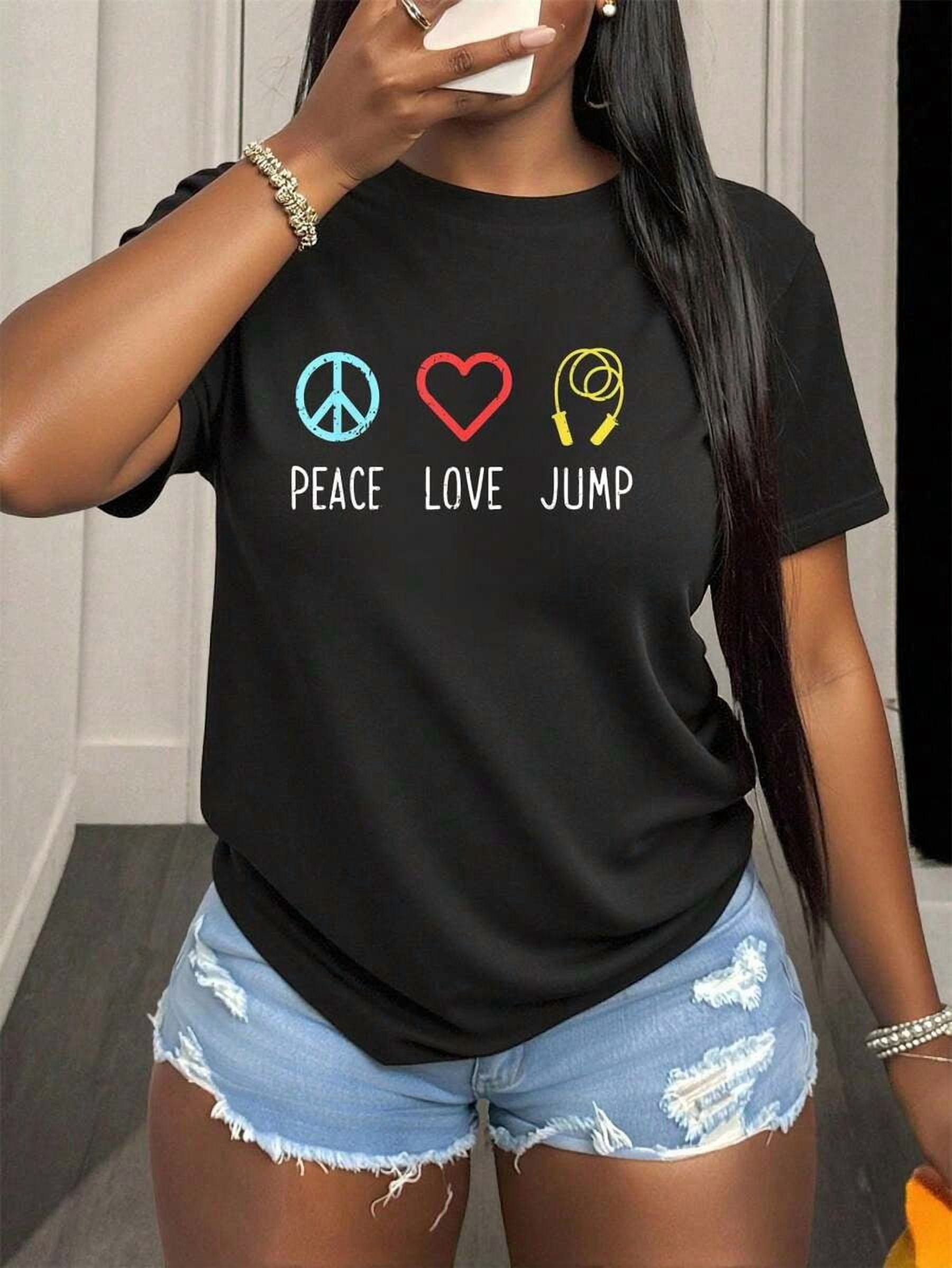 Black Peace Love Jump Rope Graphic T-Shirt Womens Classic Fit Short ...