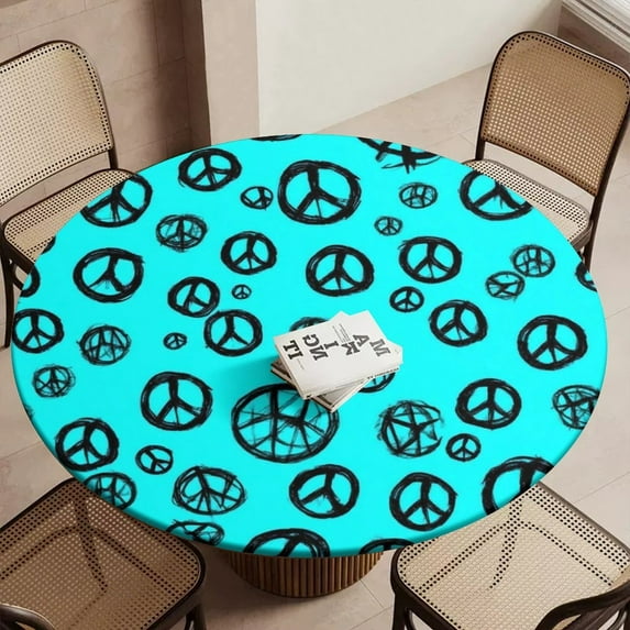 Black Peace Signs on Blue Background Round Table Cover Kitchen Printed ...