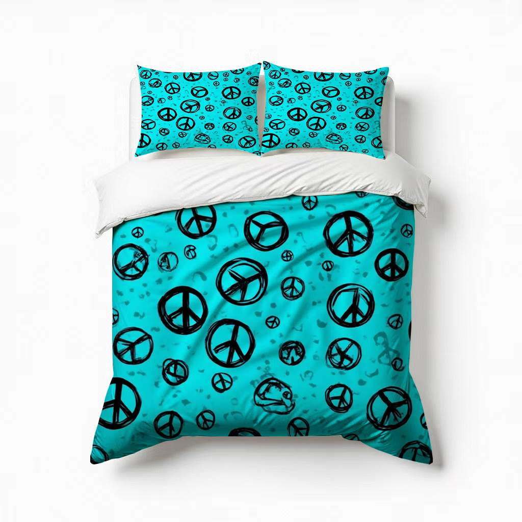 Black Peace Signs On Blue Background Bedding Set 3 Pcs Soft Microfiber ...