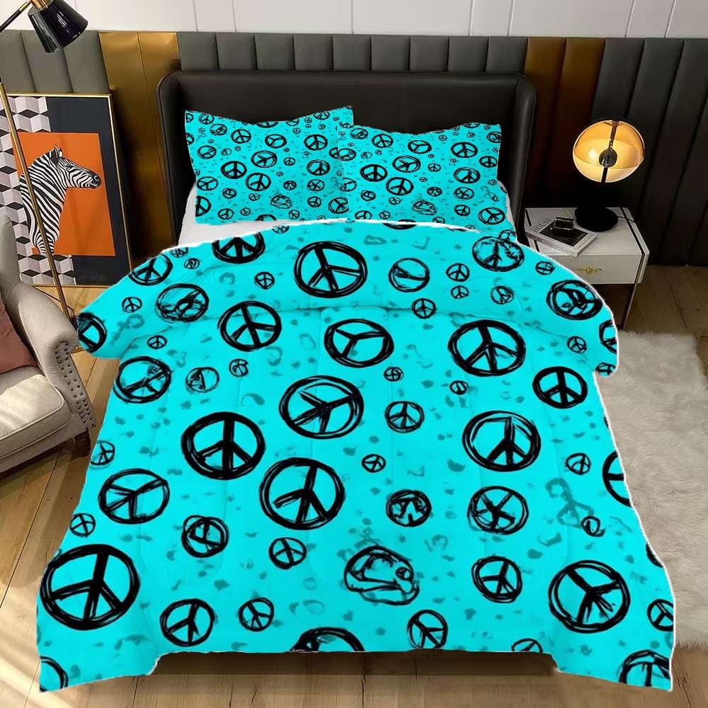 Black Peace Signs On Blue Background Comforter Set Queen Size Bedding ...