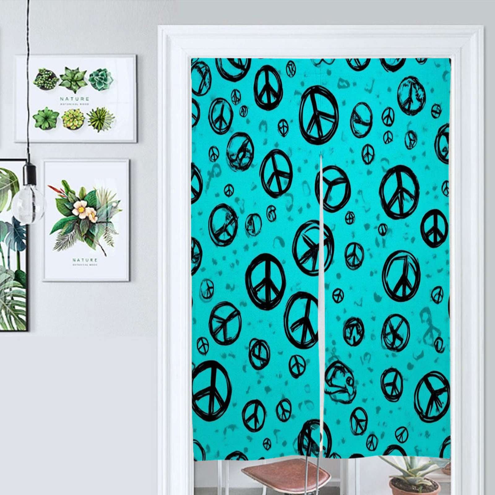 Black Peace Signs On Blue Background Door Curtain Nordic Living Room ...