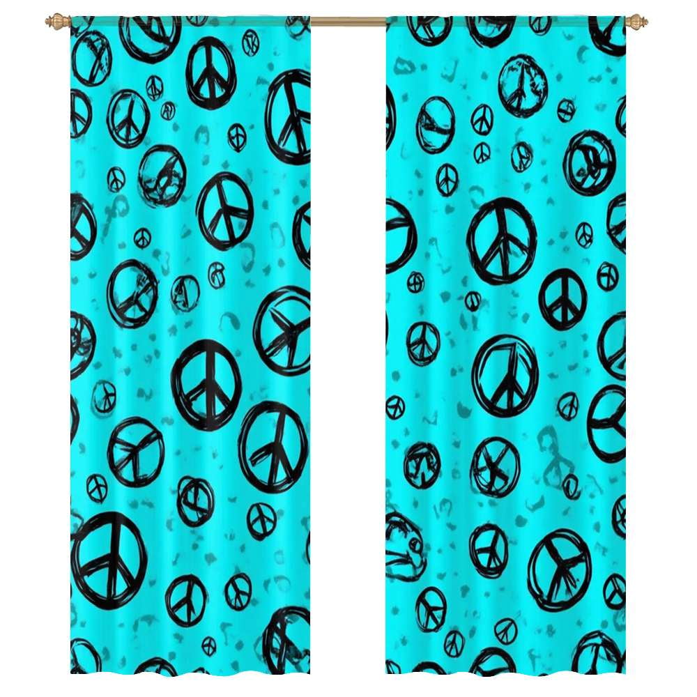 Black Peace Signs On Blue Background Modern Tulle Window Curtains for ...