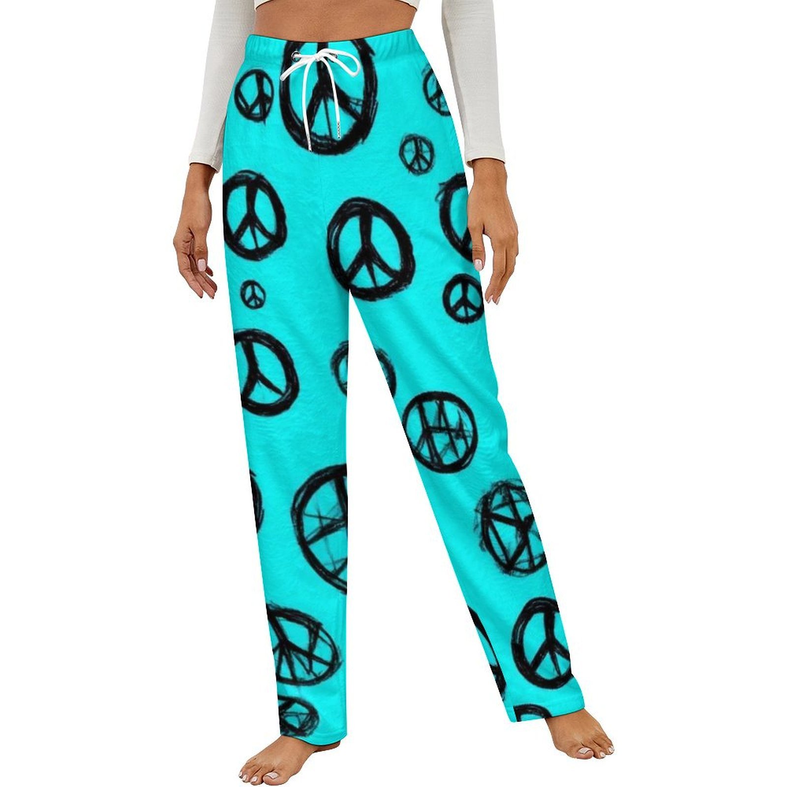 Black Peace Signs On Blue Background Winter Female Pants Flannel High ...