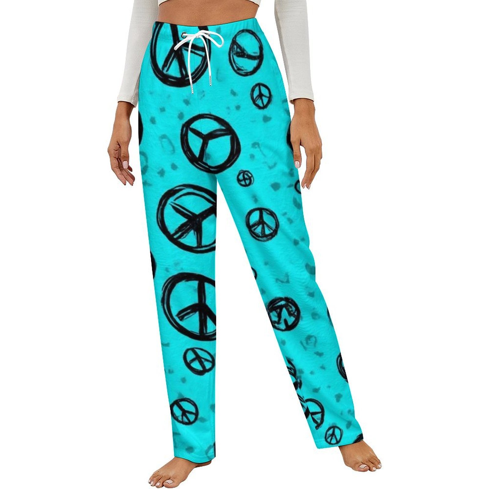 Black Peace Signs On Blue Background Winter Female Pants Flannel High ...