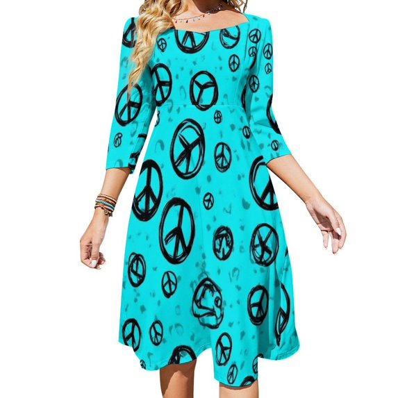 Black Peace Signs on Blue Background-1 Womens Summer Dress Tie Back A ...