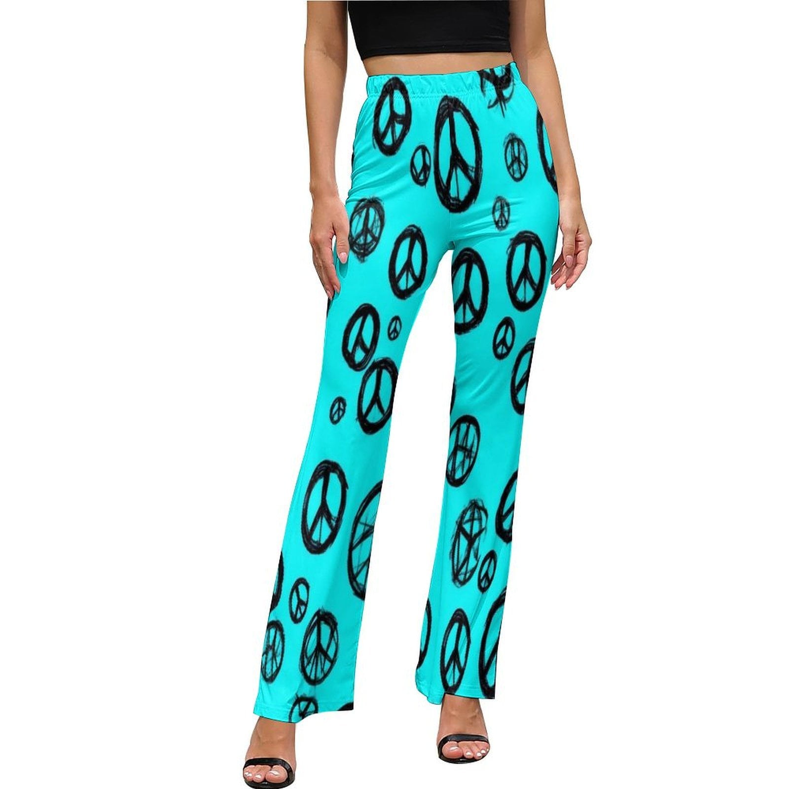 Black Peace Signs on Blue Background High Waisted Casual Flared ...