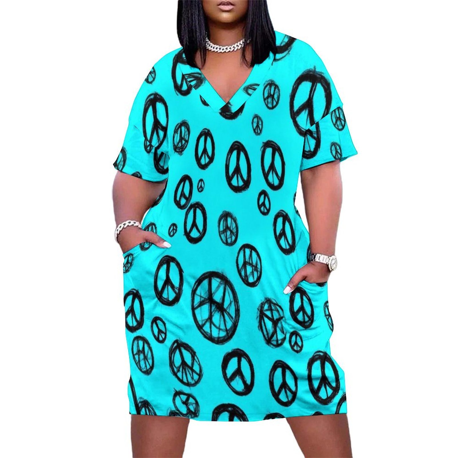 Black Peace Signs on Blue Background Loose Pocket Dress Dresses Summer ...