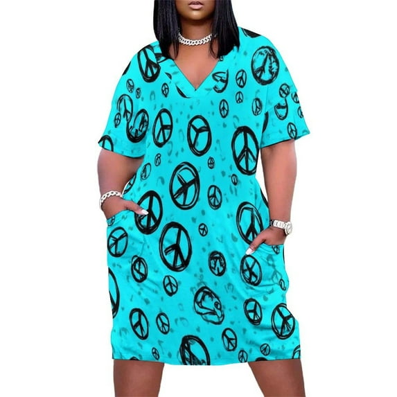 Black Peace Signs on Blue Background Loose Pocket Dress Dresses Summer ...