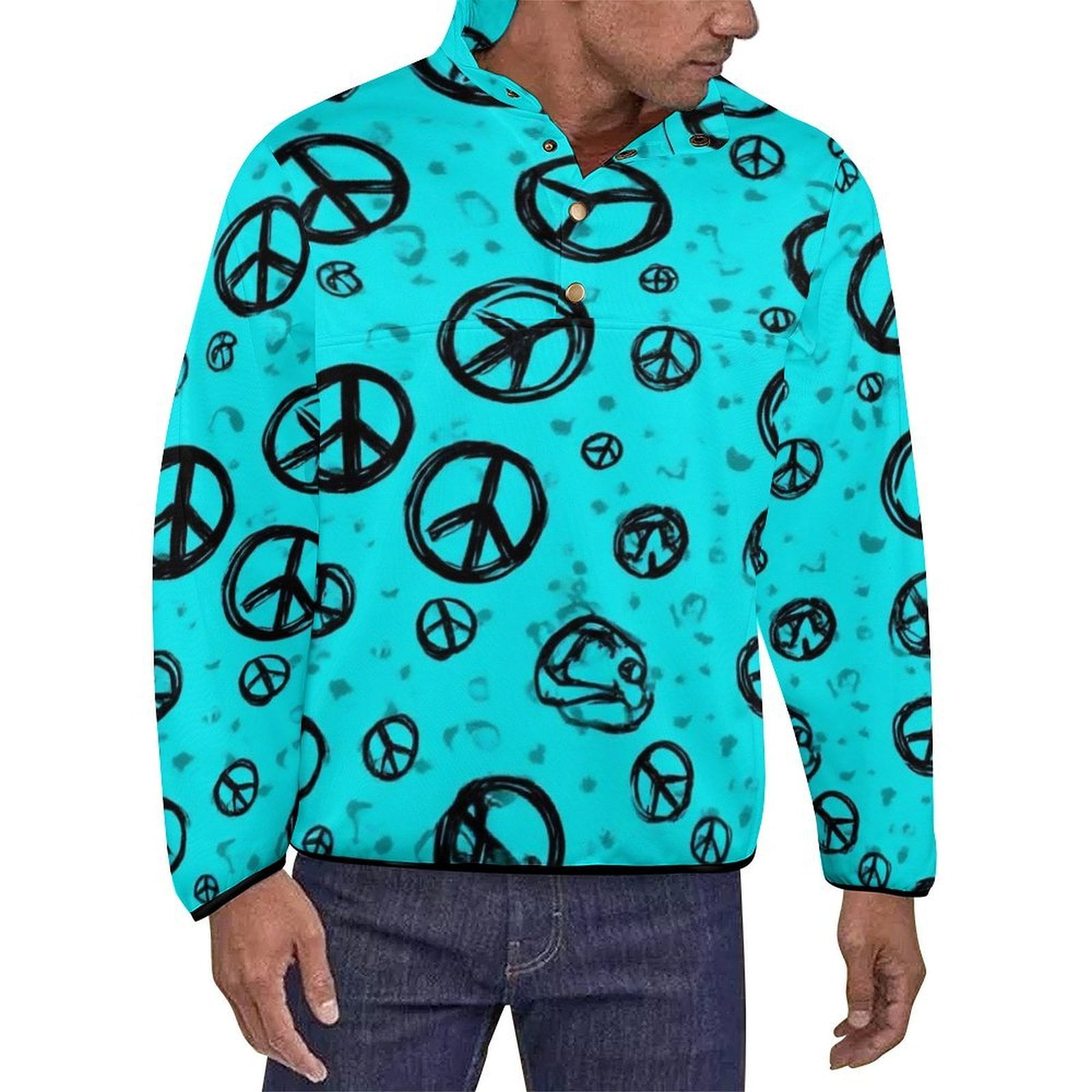 Black Peace Signs on Blue Background Men's Stand Collar Sweater Long ...