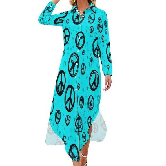 Black Peace Signs on Blue Background Shirt Dress Long Sleeve Street ...