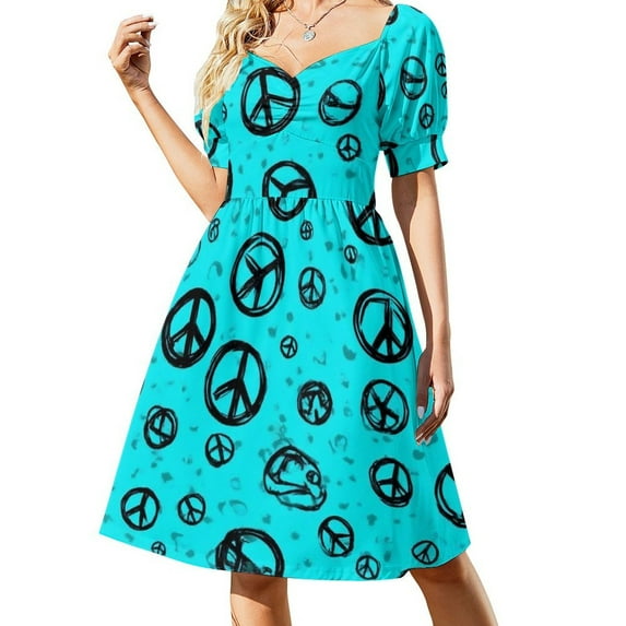 Black Peace Signs on Blue Background Short Sleeve Dress Clothes Women's ...