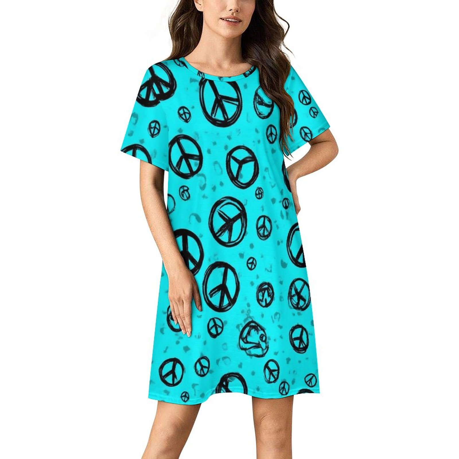 Black Peace Signs on Blue Background Women Nightgown Sleepwear Short ...