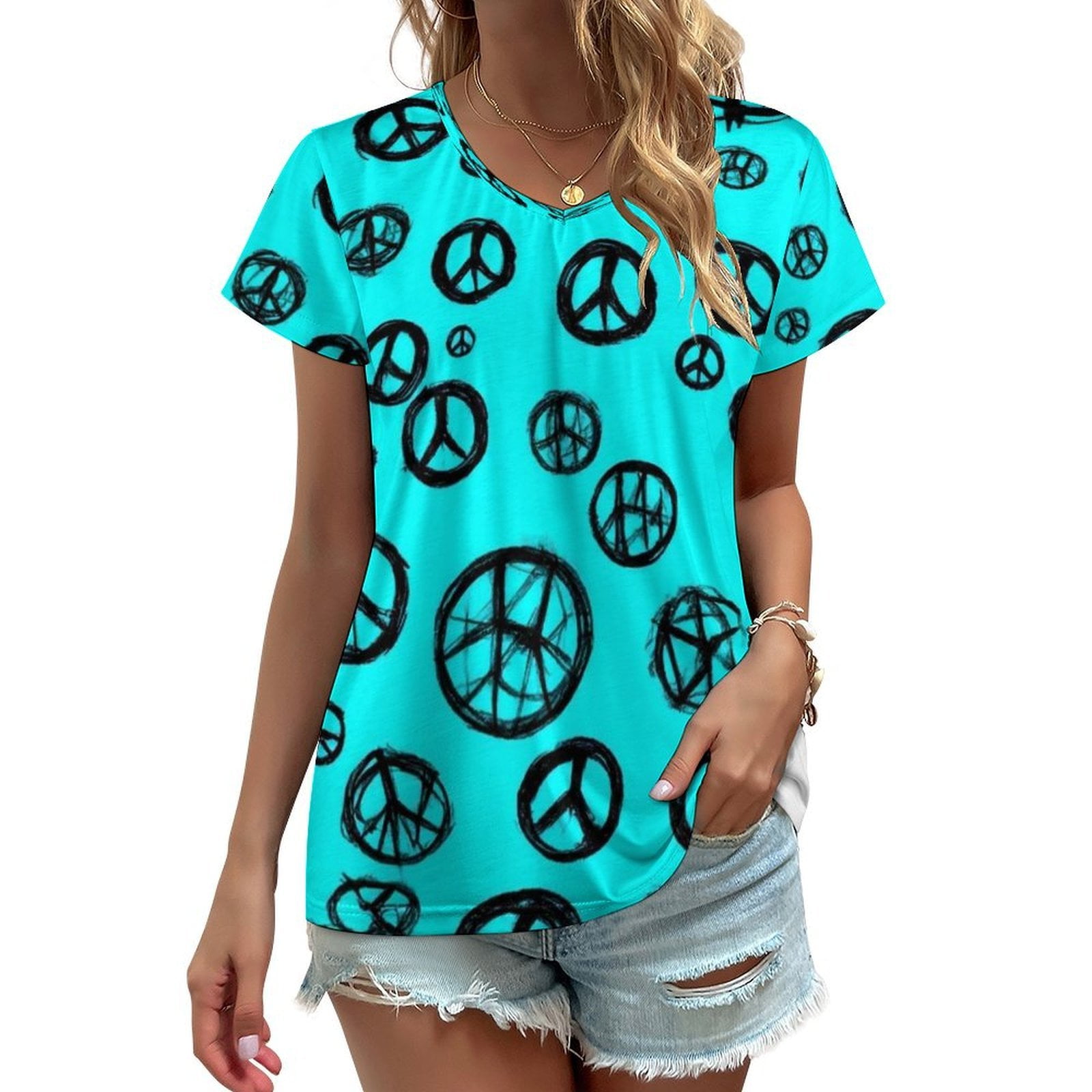 Black Peace Signs on Blue Background Women's Blouse Short Sleeve Women ...