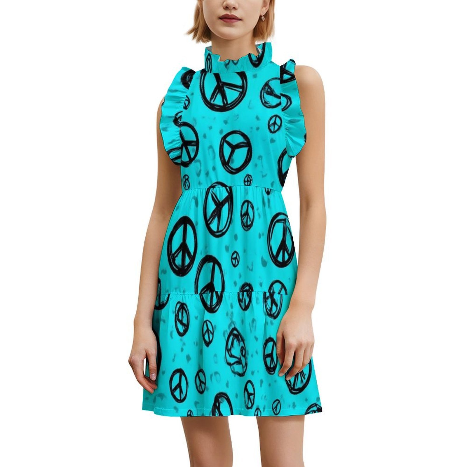 Black Peace Signs on Blue Background Women's Fashion Casual Dress ...