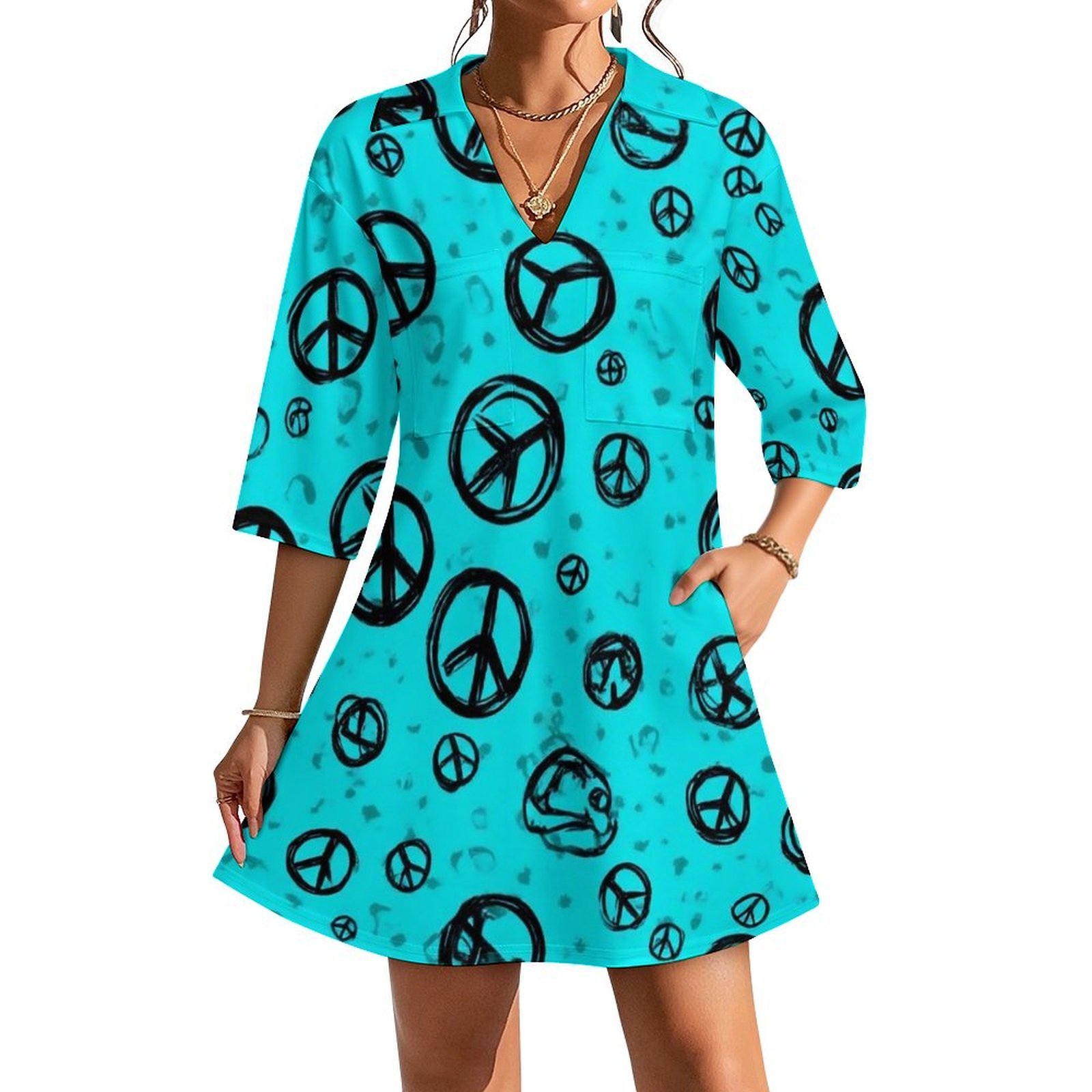 Black Peace Signs on Blue Background Womens Dress With Pockets Summer V ...