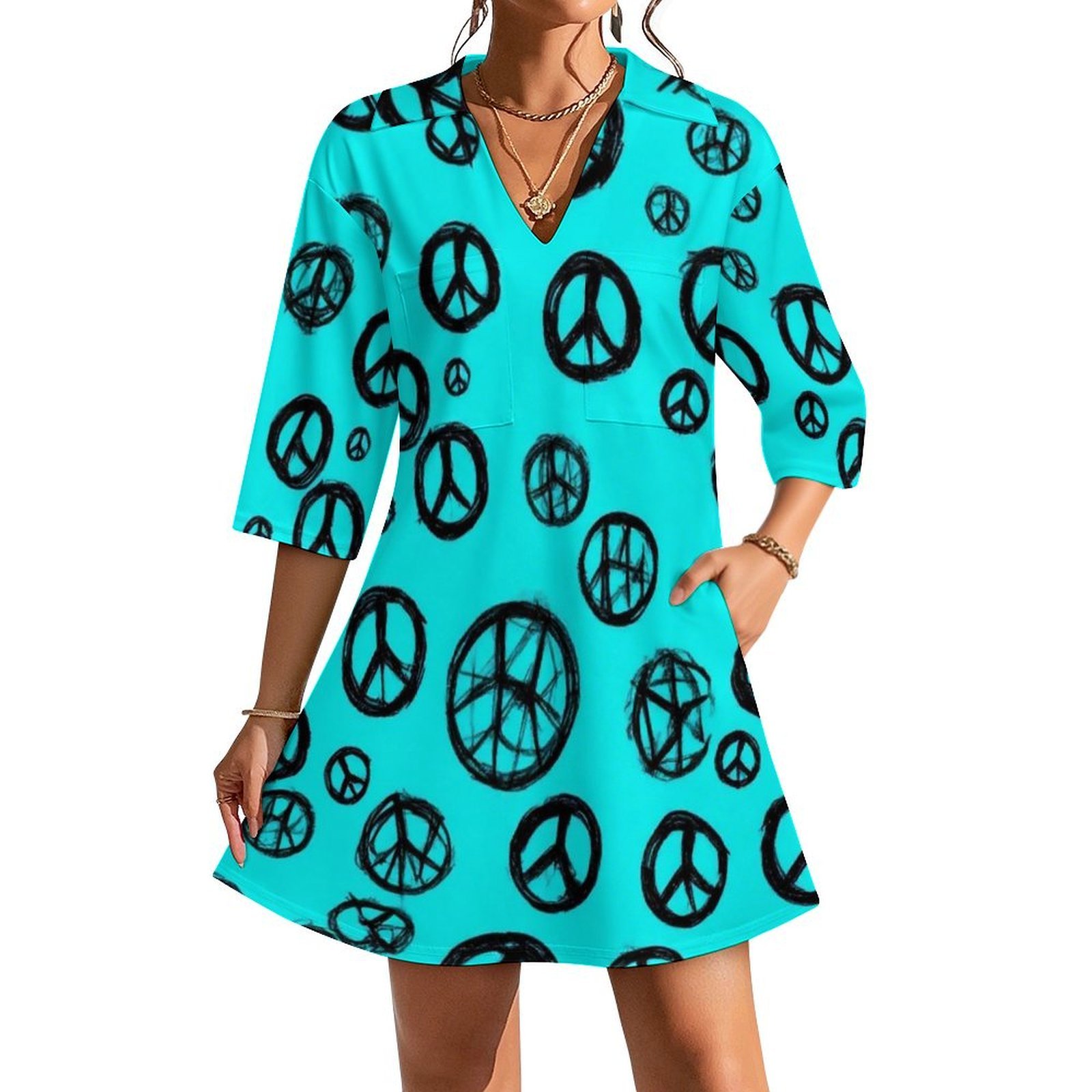 Black Peace Signs on Blue Background Womens Dress With Pockets Summer V ...