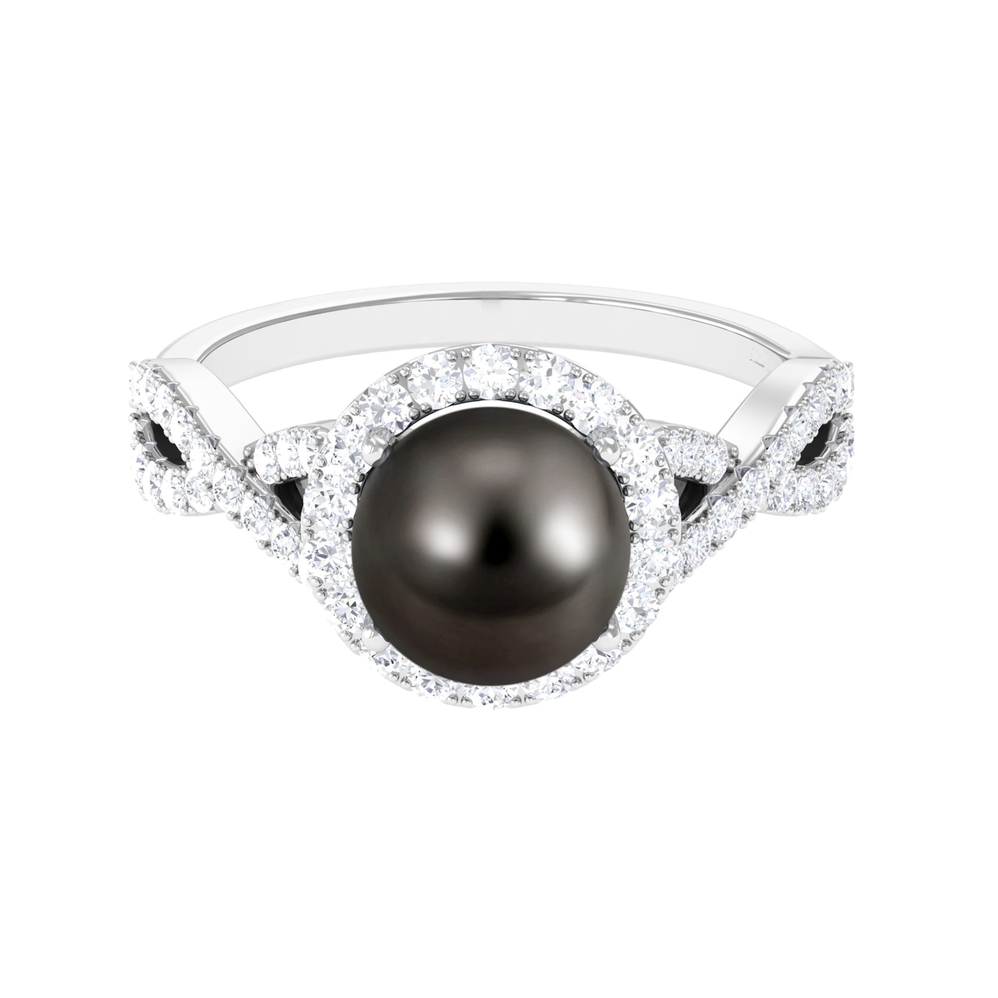 Rosec Jewels Black Pearl Engagement Ring with Diamond Halo (8 mm, AAA Quality), 18K White Gold ...