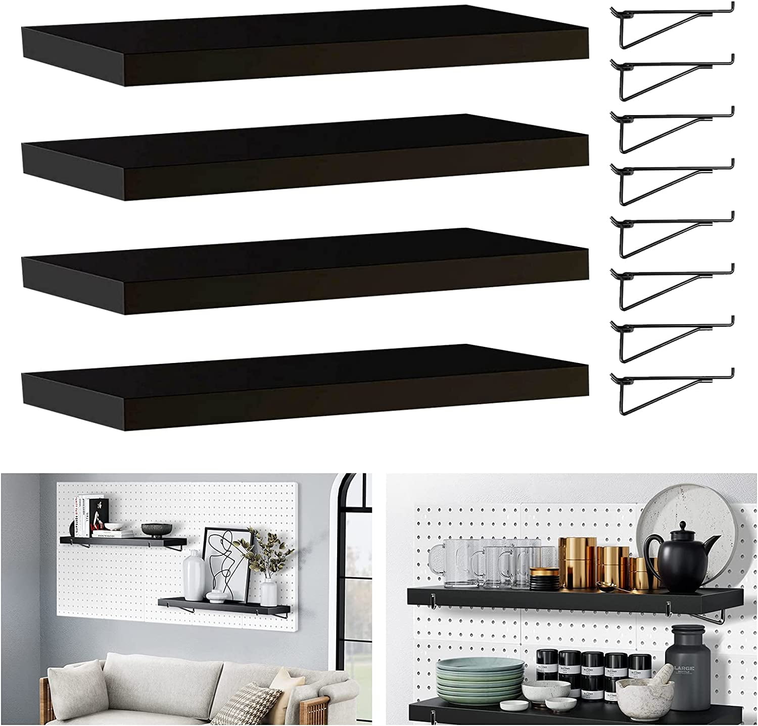 Black Pegboard Shelf, 4 Pack Wooden Shelves with Metal Brackets & Hooks, for Craft, Home ...