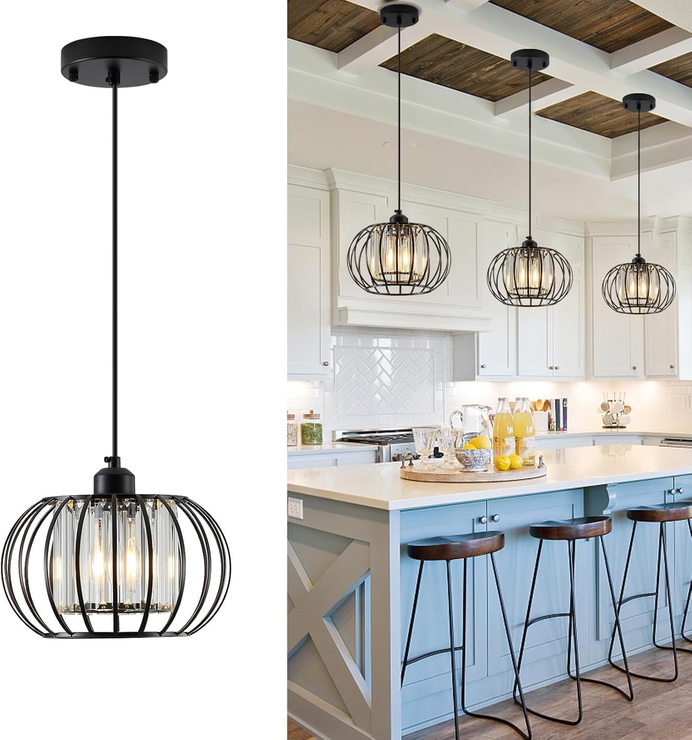 Black Pendant Light Fixture, Farmhouse Hanging Lights with Crystal ...