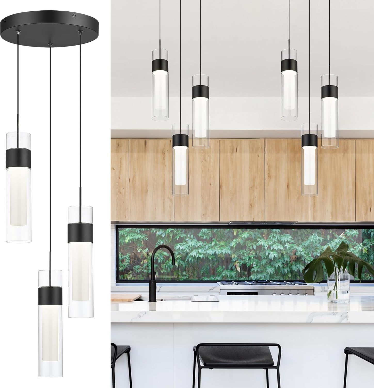 Black Pendant Light Fixtures, 3-Lights, Modern LED Pendant Lights with ...