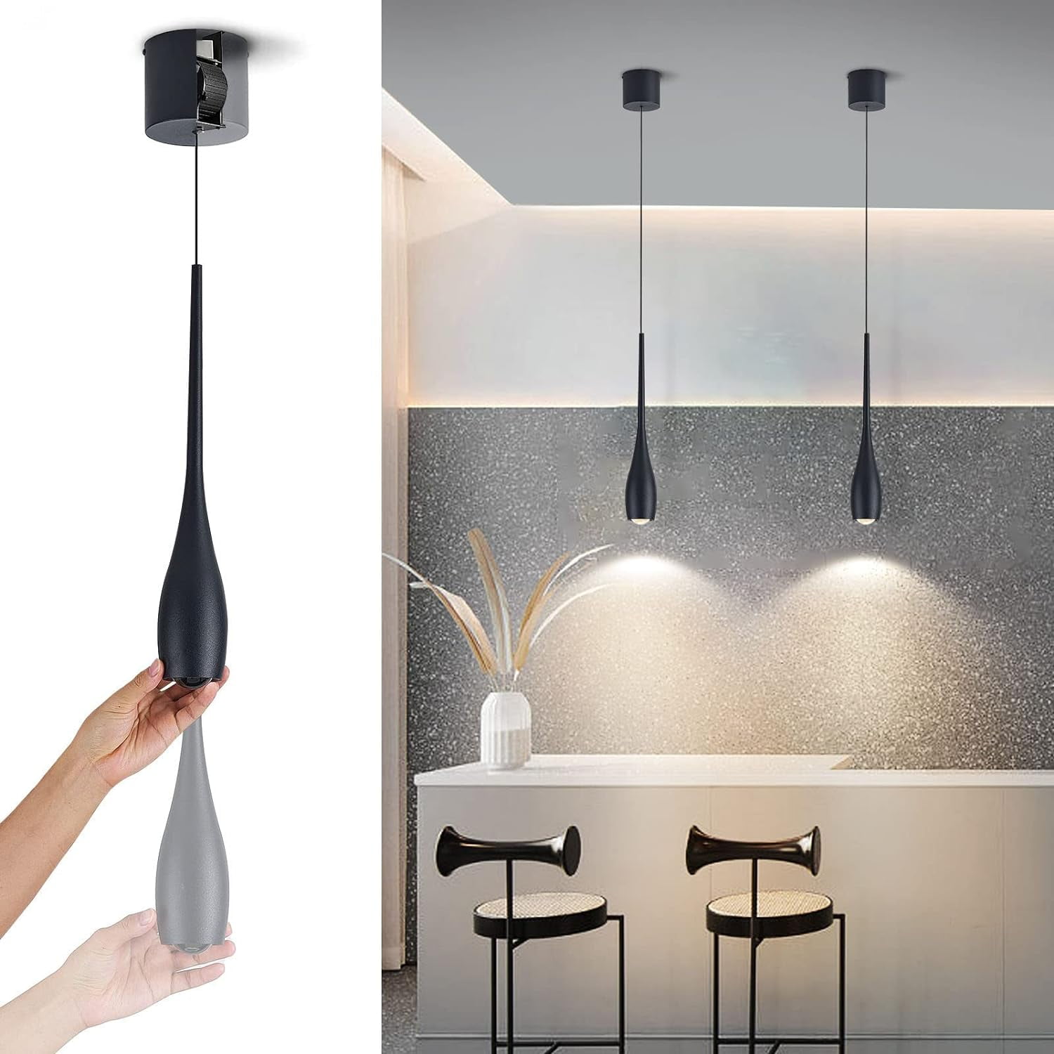 Black Pendant Light for Kitchen Island, LED Dimmable Pendant Light ...