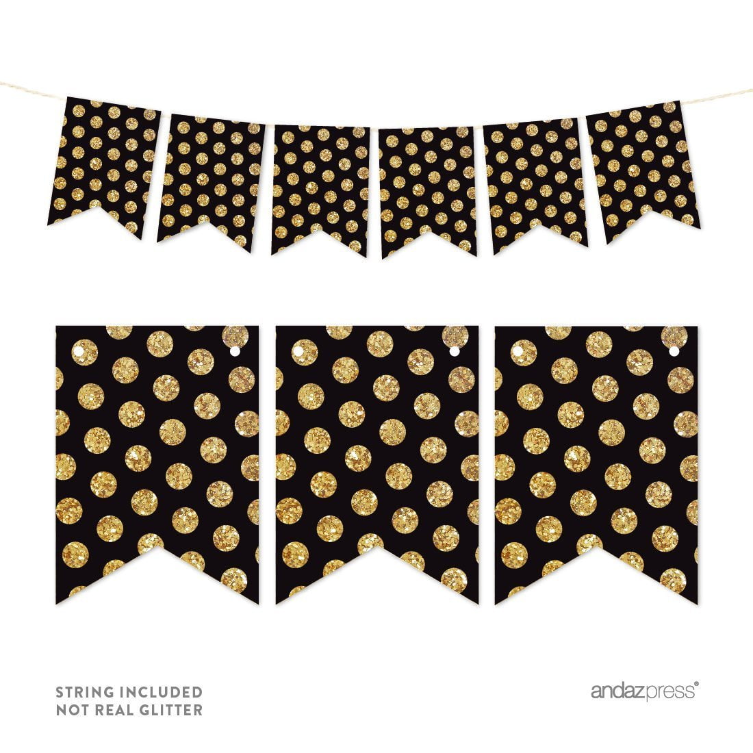 Black Pennant Party Banner Gold Glitter Polka Dots - Walmart.com